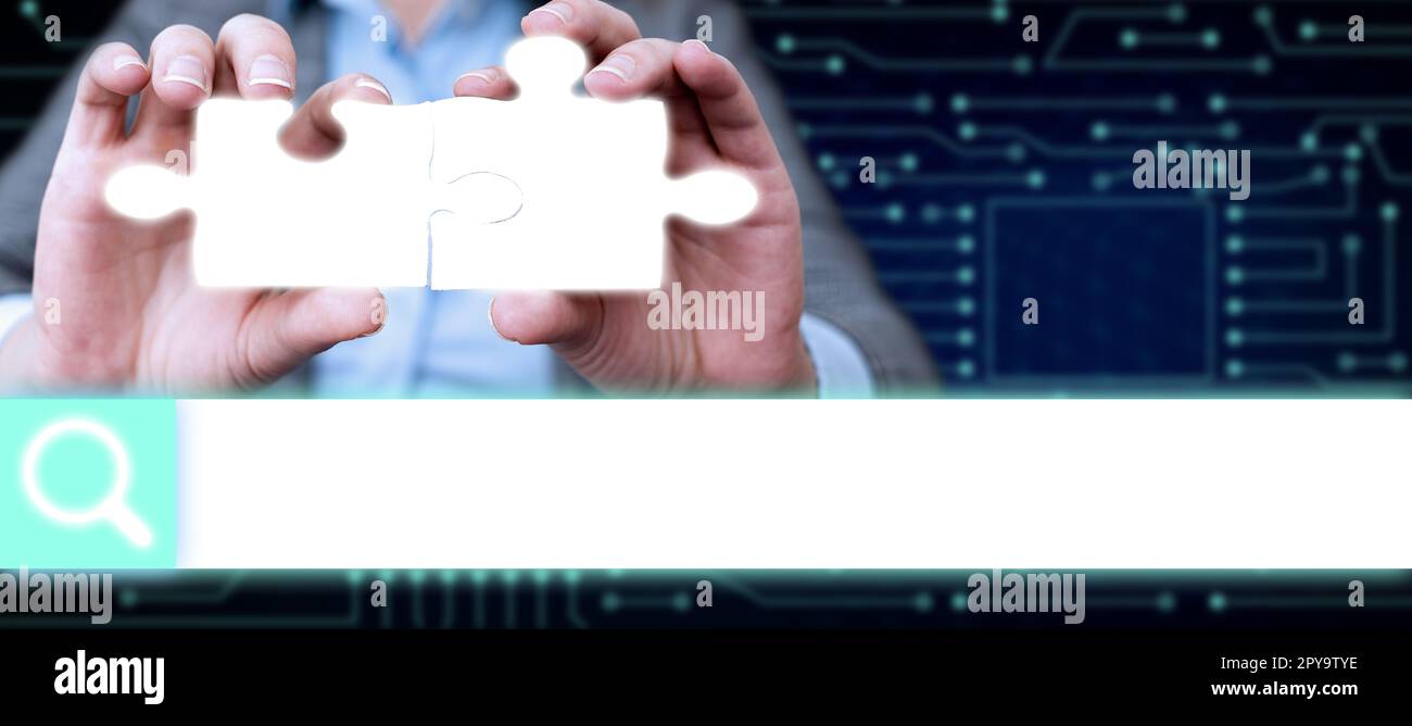 Lady in suit holding two puzzle pieces representing innovative thinking ...