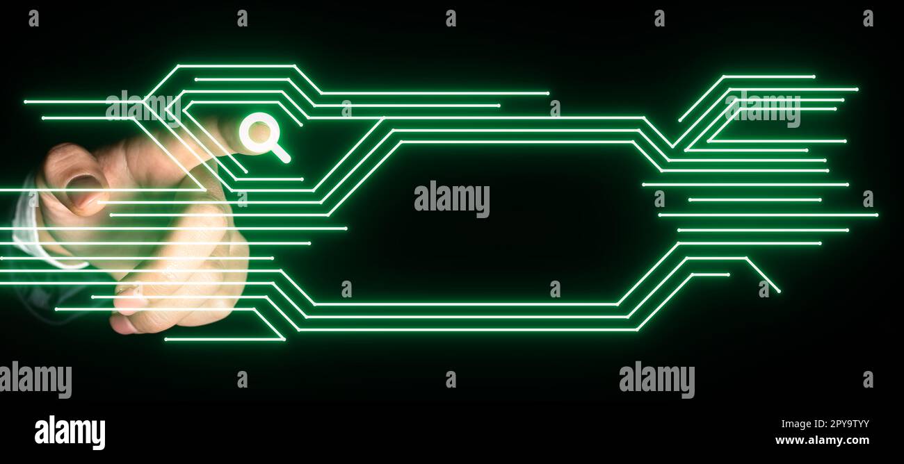 Lady In Suit Standing Pointing On virtual button. Showing Futuristic ...