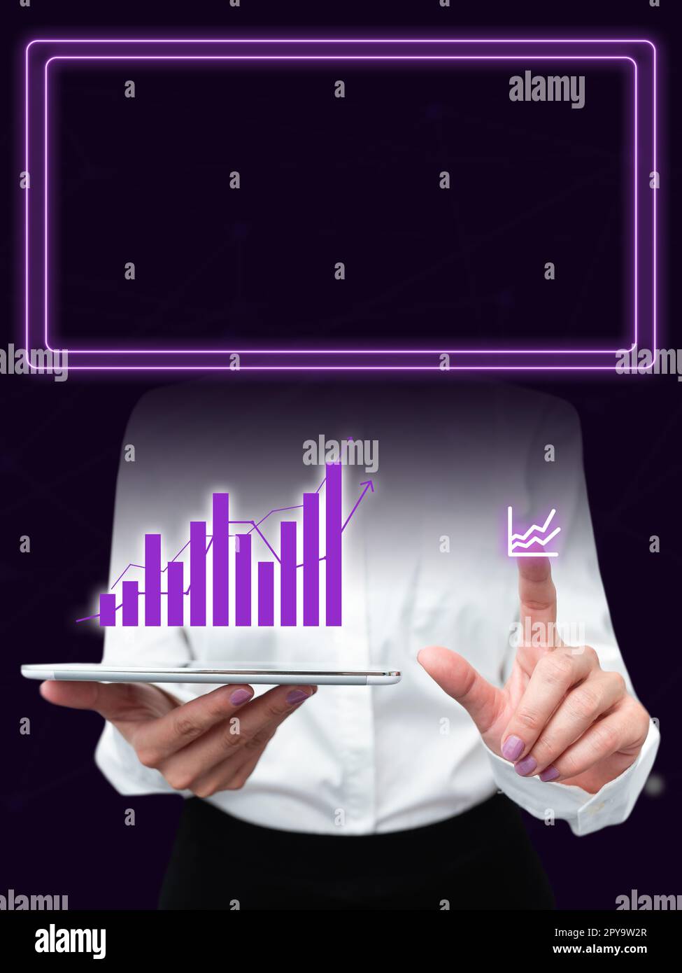 Lady In white shirt Standing Holding Tablet In Hand Presenting Virtual ...