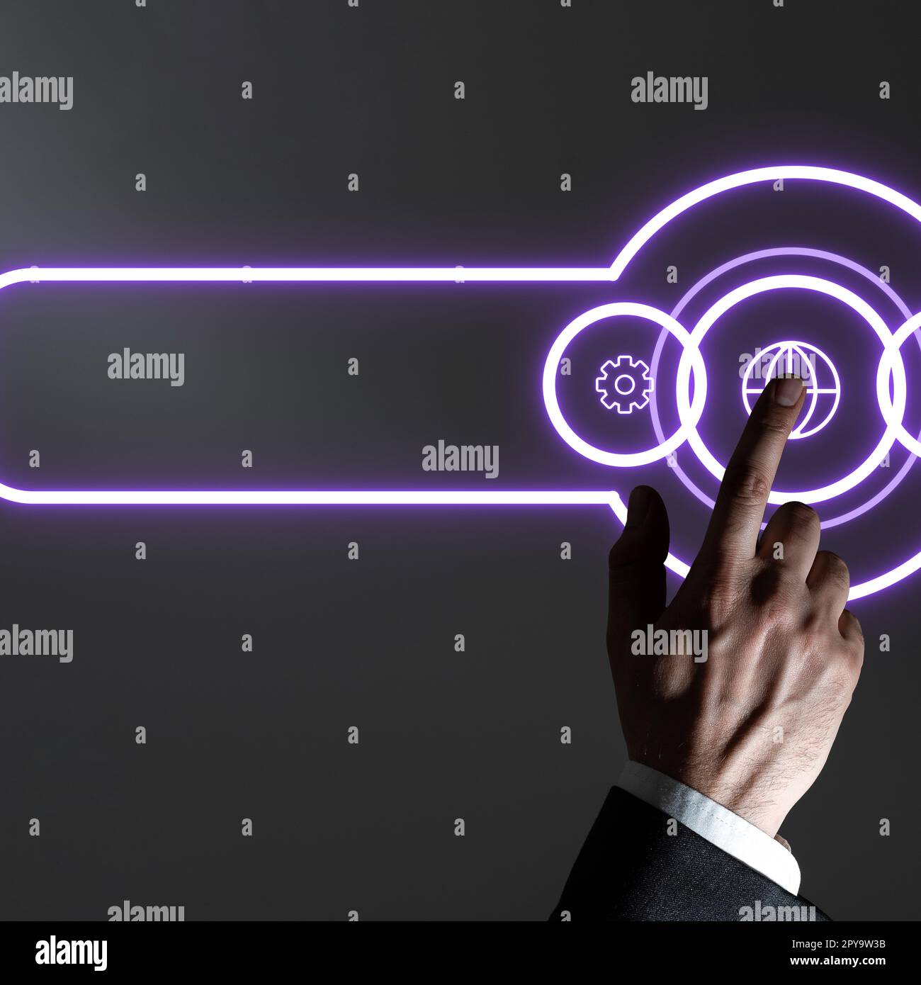 Finger pressing virtual button. Futuristic style image with colored ...