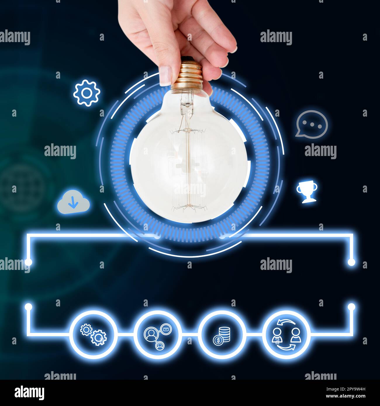 Hand Holding bulb presenting New Futuristic Technologies. Palm Carrying ...