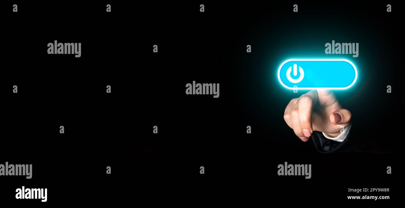 Lady In Suit Standing Pointing On virtual button. Showing Futuristic ...