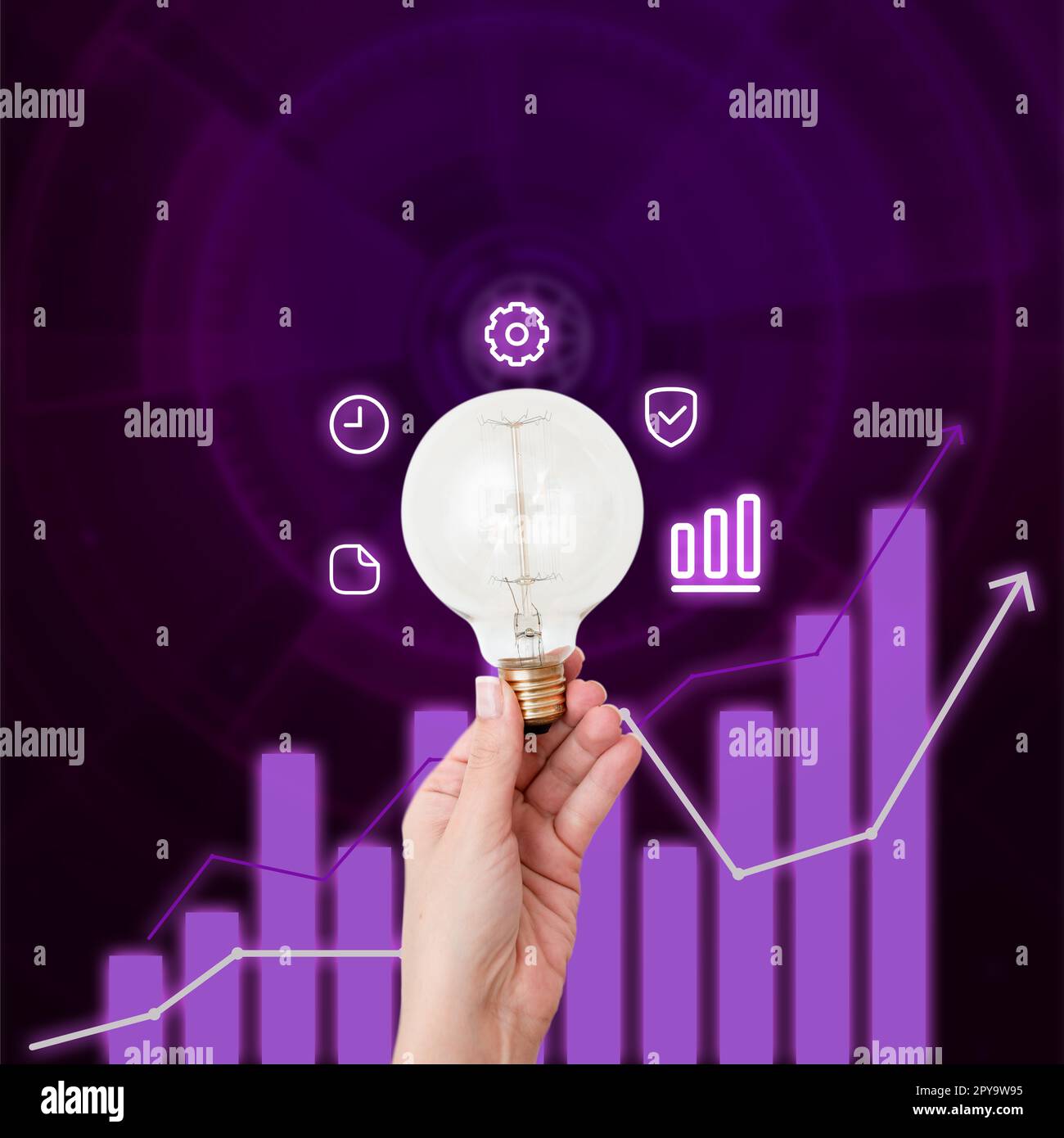 Hand Holding bulb presenting New Futuristic Technologies. Palm Carrying ...
