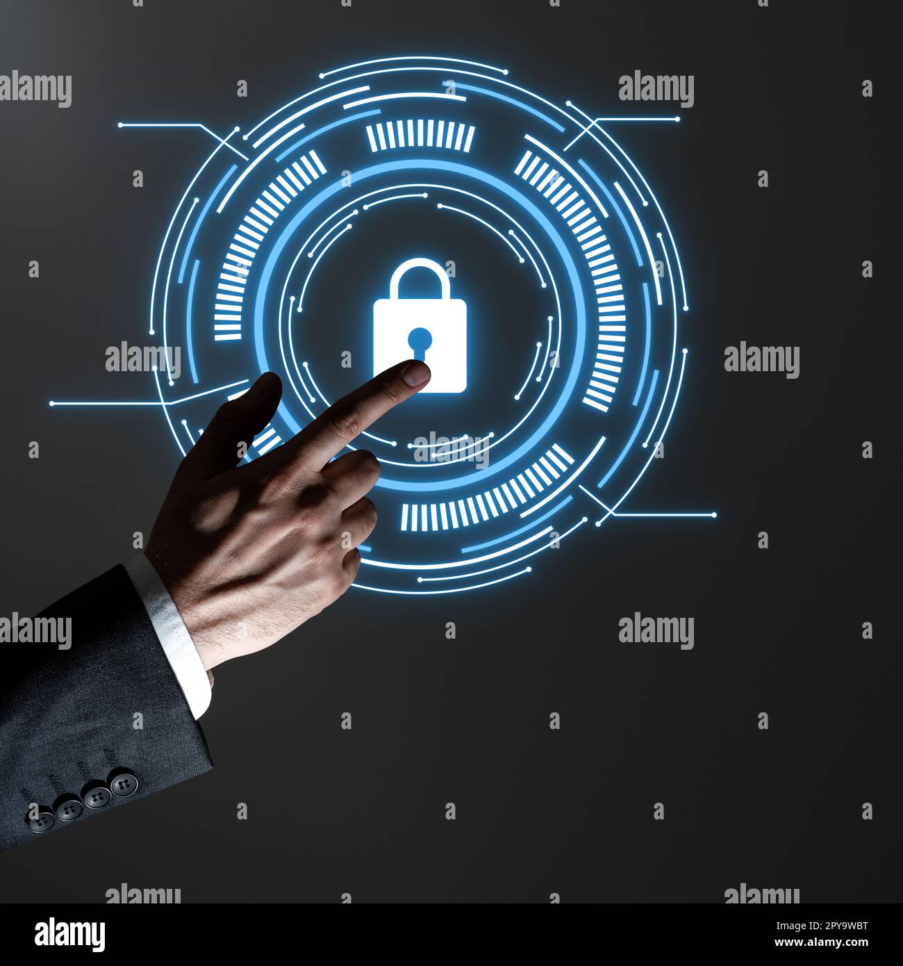 Finger pressing virtual button. Futuristic style image with colored ...