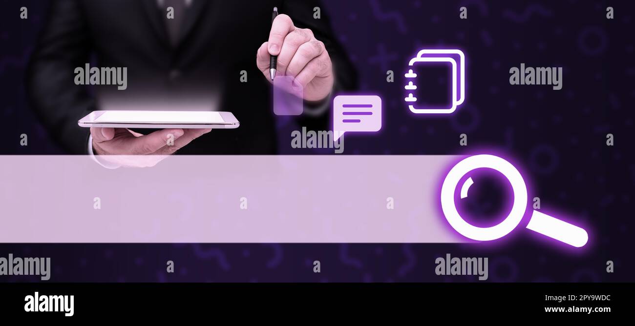 Businessman in office suit holding tablet and pen. Written virtual text ...