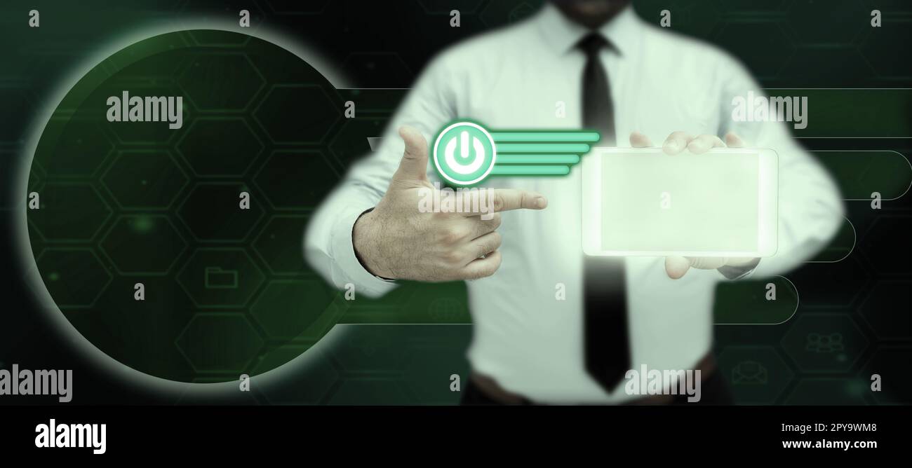 Businessman holding Mobile Phone Pointing to Screen Showing The main ...