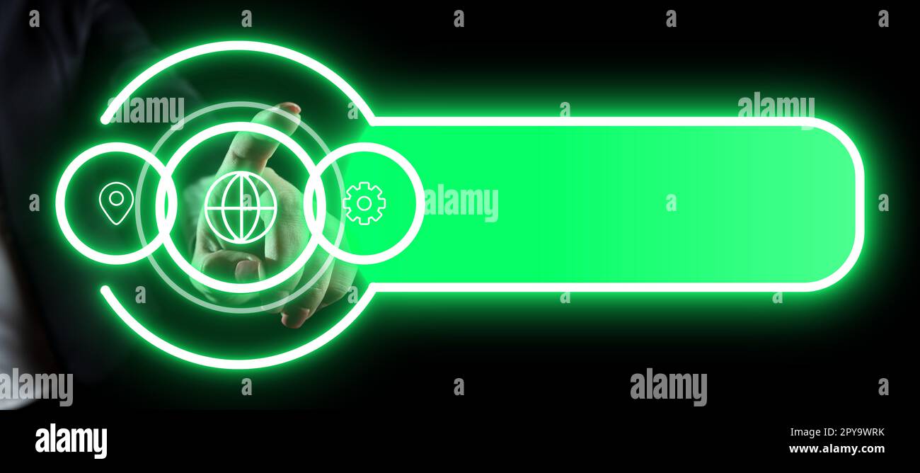 Lady In Suit Standing Pointing On virtual button. Showing Futuristic ...