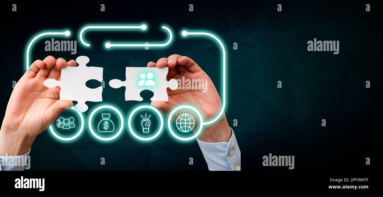 Two Hands Holding Jigsaw Puzzle Piece with New Futuristic Technologies ...