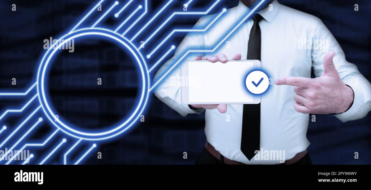 Businessman holding Mobile Phone Pointing to Screen Showing The main ...