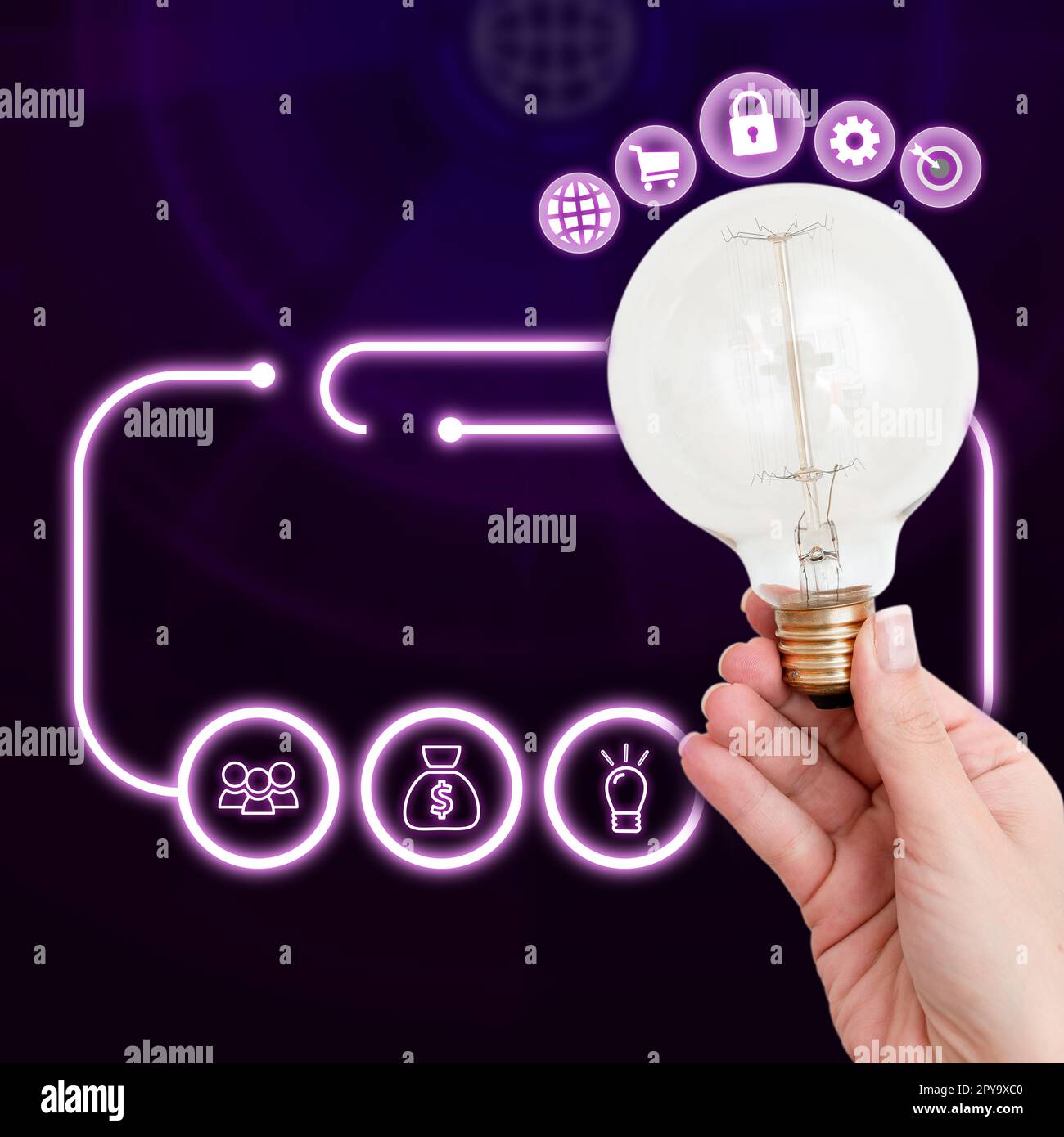 Hand Holding bulb presenting New Futuristic Technologies. Palm Carrying ...