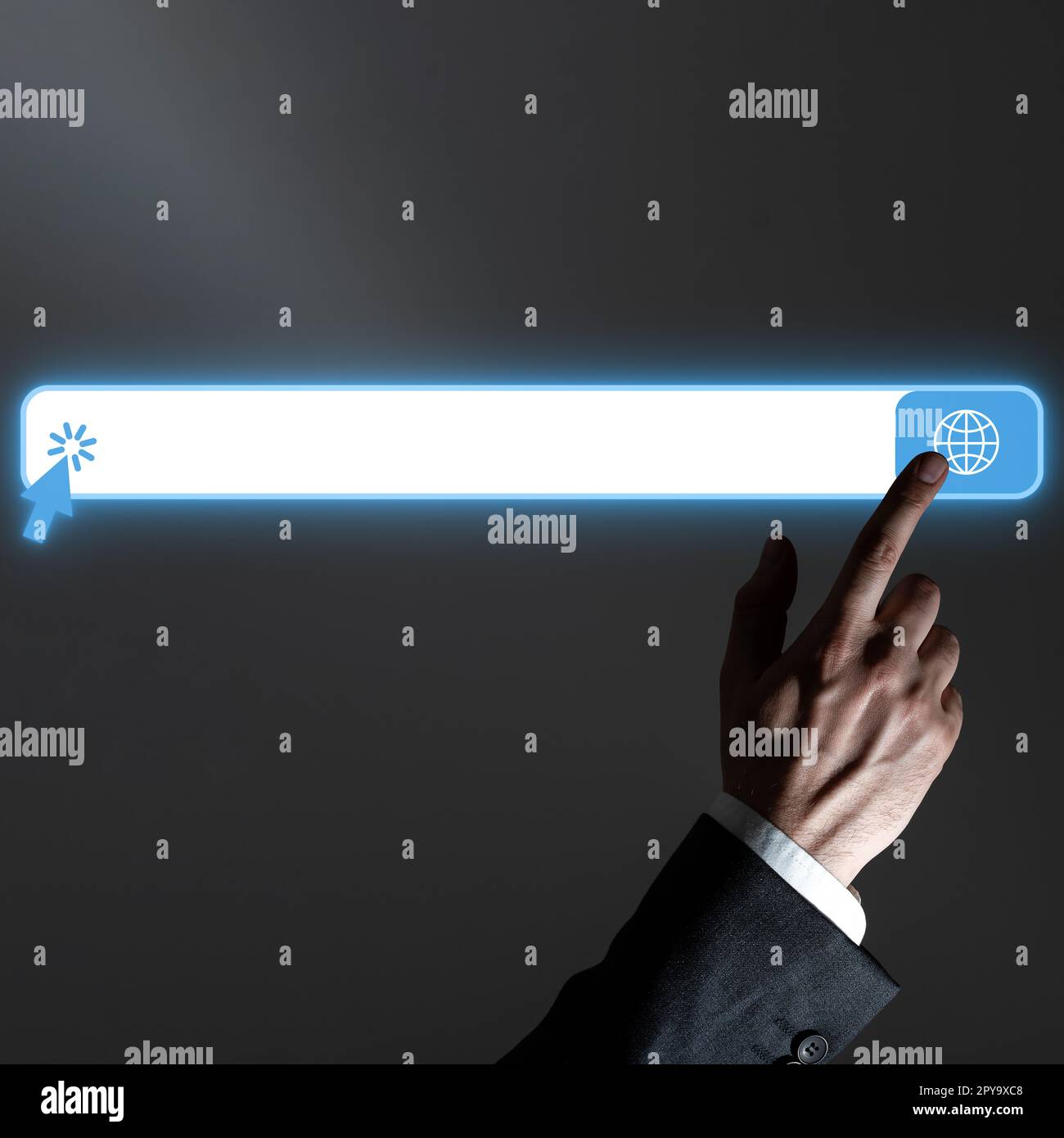 Finger pressing virtual button. Futuristic style image with colored ...