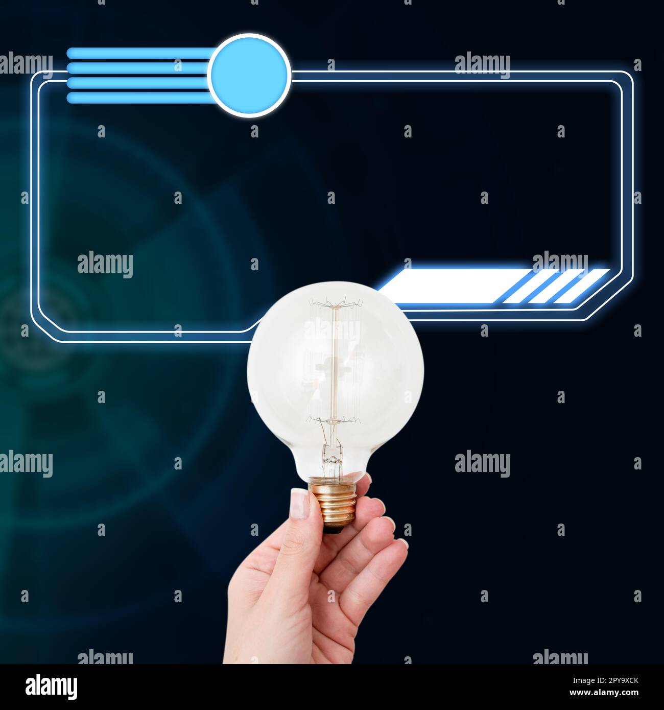 Hand Holding bulb presenting New Futuristic Technologies. Palm Carrying ...
