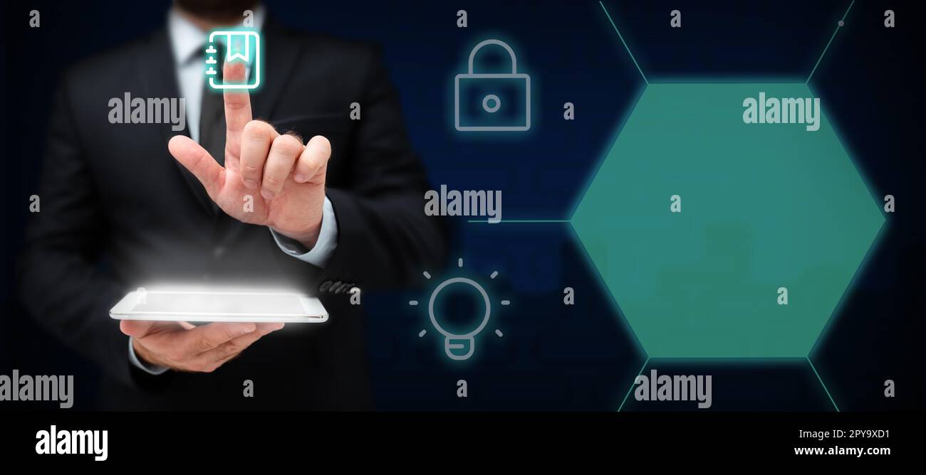 Man in office suit holding tablet and press virtual button with finder ...