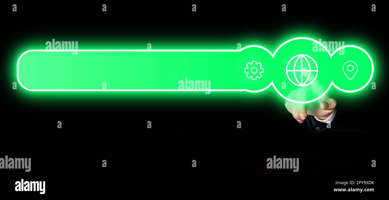 Lady In Suit Standing Pointing On virtual button. Showing Futuristic ...