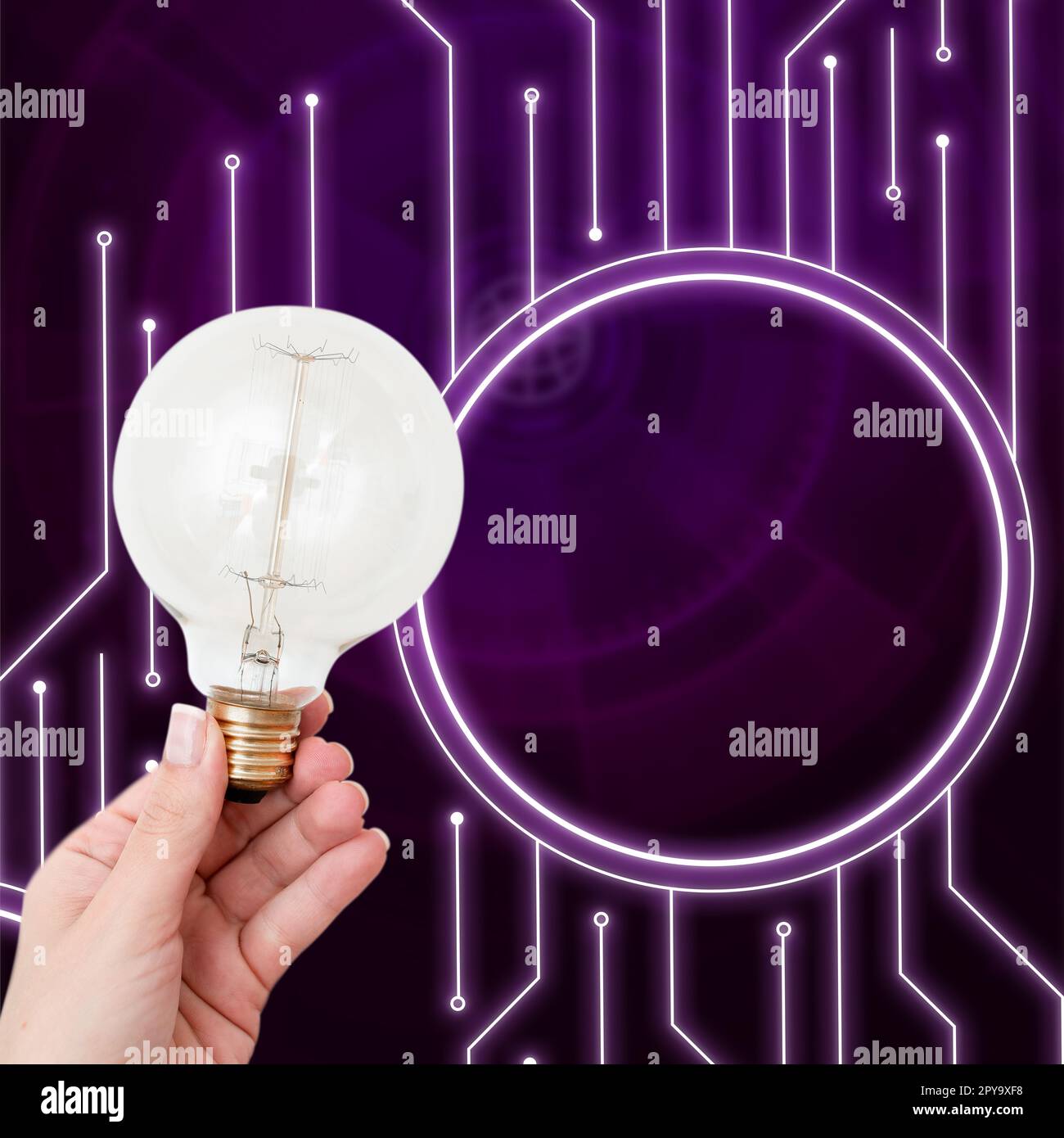 Hand Holding bulb presenting New Futuristic Technologies. Palm Carrying ...