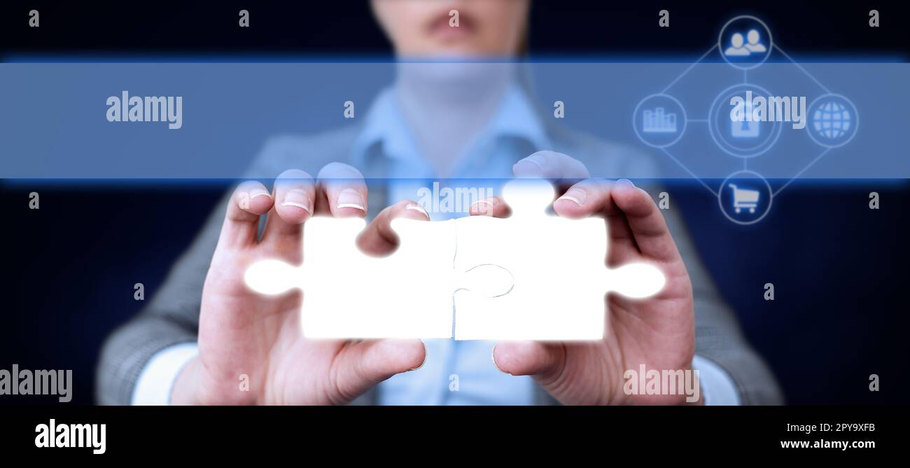 Lady in suit holding two puzzle pieces representing innovative thinking ...