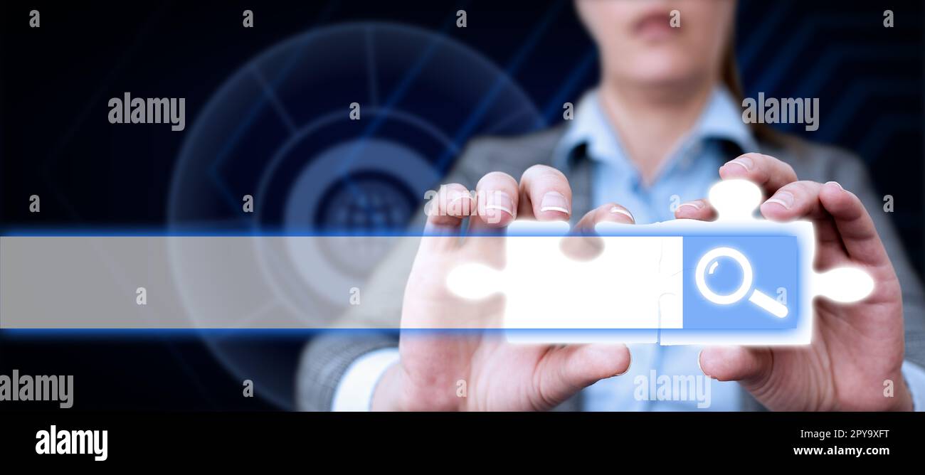 Lady in suit holding two puzzle pieces representing innovative thinking ...