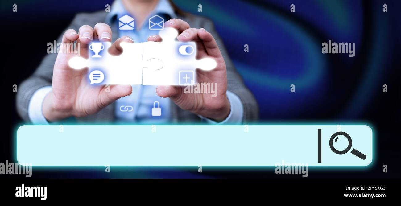 Lady in suit holding two puzzle pieces representing innovative thinking ...