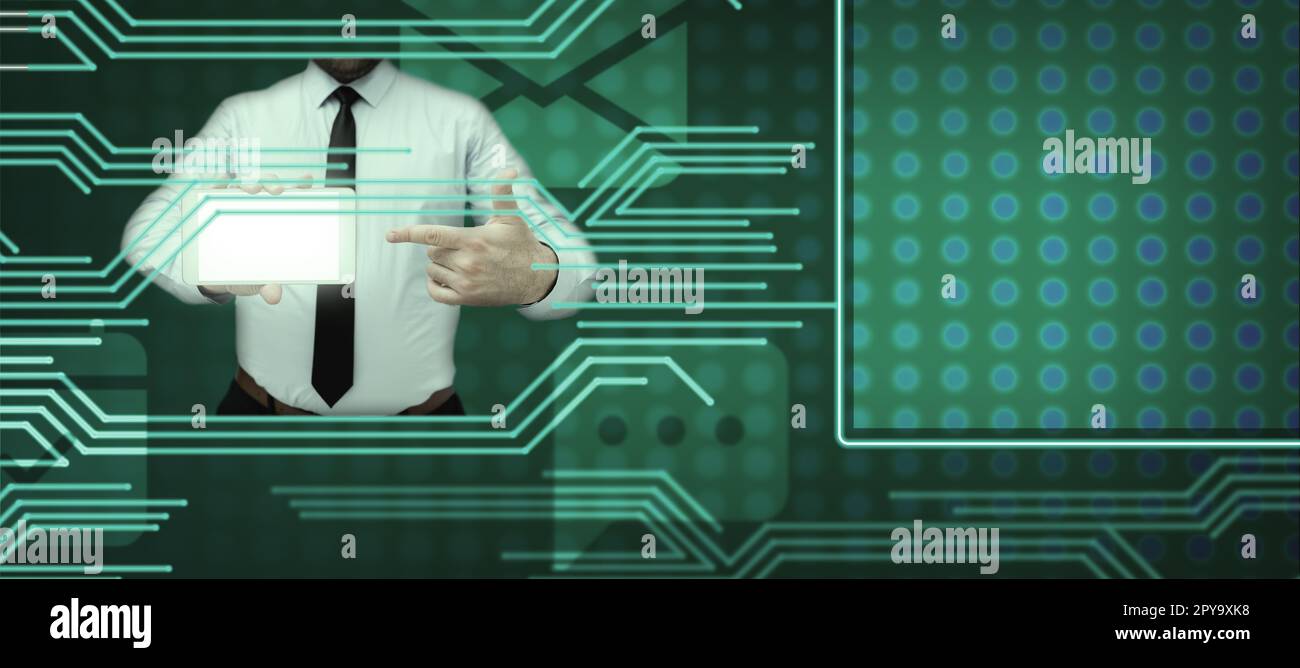 Businessman holding Mobile Phone Pointing to Screen Showing The main ...