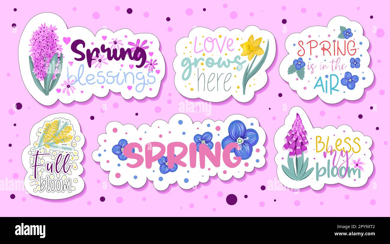 A collection of stickers with cute inscriptions and receipts. spring ...