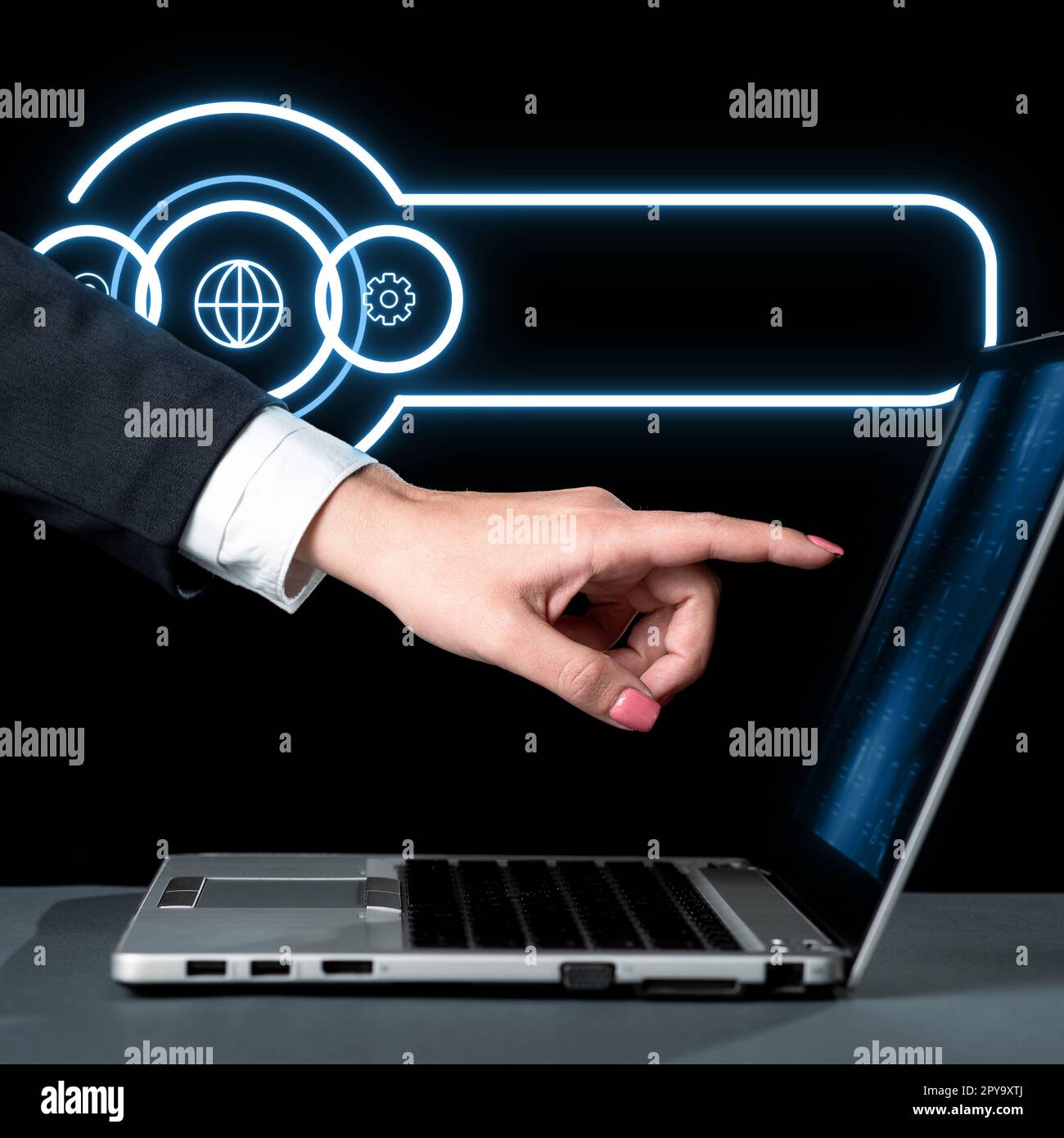 Finger pointing to laptop screen with important technology news ...