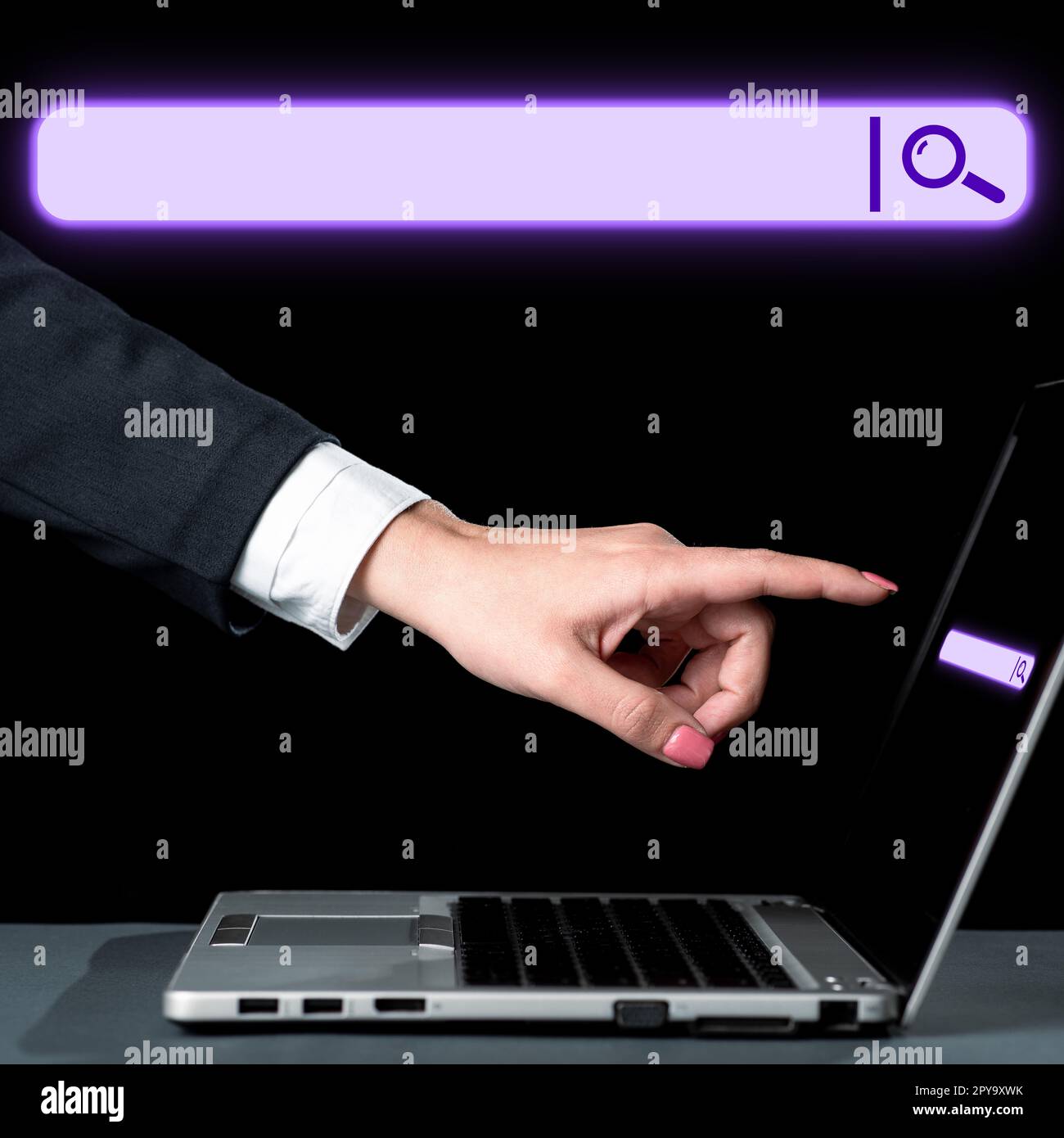 Finger pointing to laptop screen with important technology news. Businesswoman pressing virtual ...