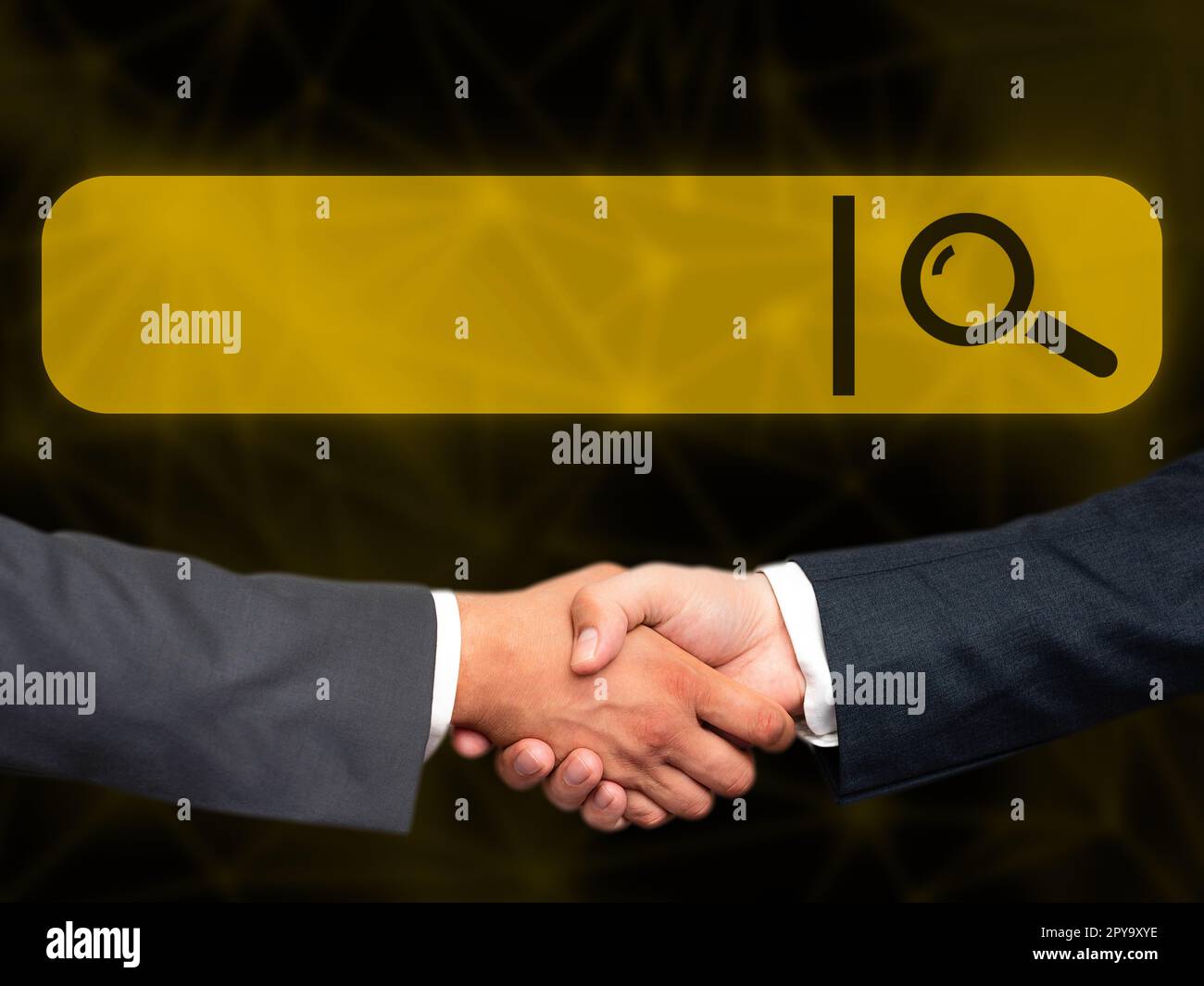 Two men in suits shaking hands in front futuristic style background ...