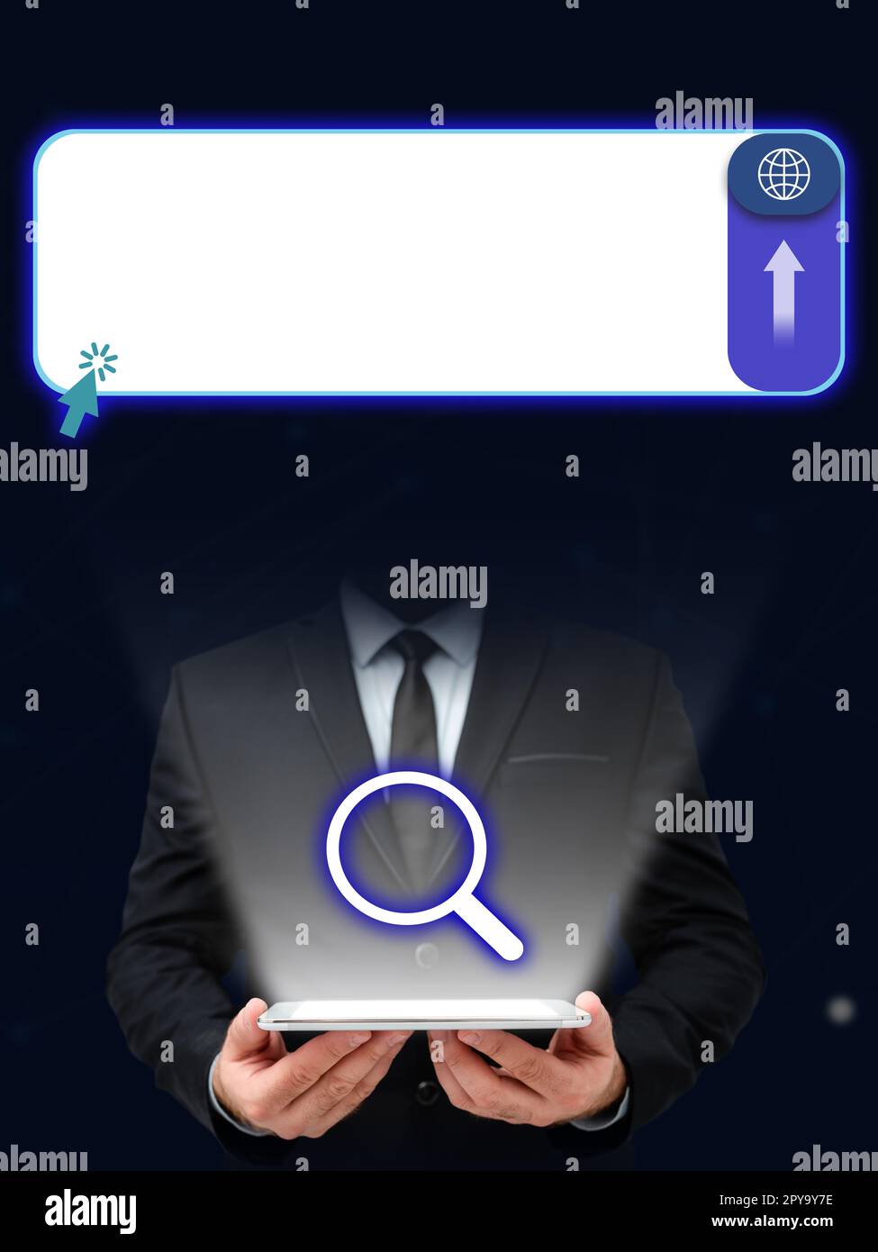 Businessman in black suit standing and holding tablet in two hands ...