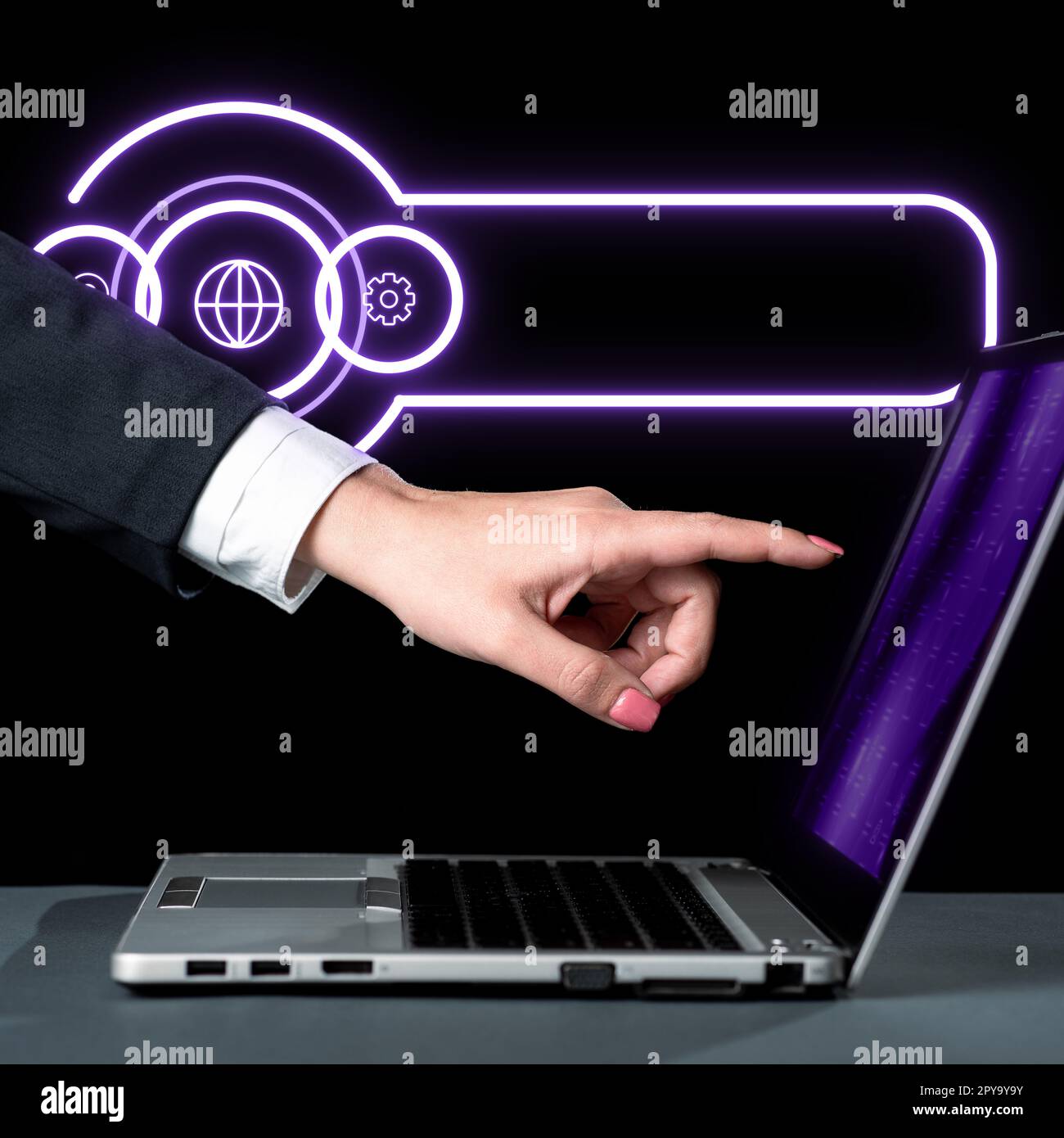 Finger pointing to laptop screen with important technology news. Businesswoman pressing virtual ...