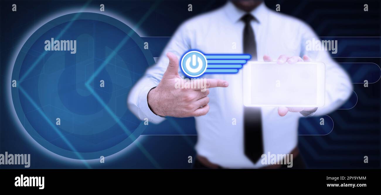 Businessman holding Mobile Phone Pointing to Screen Showing The main ...