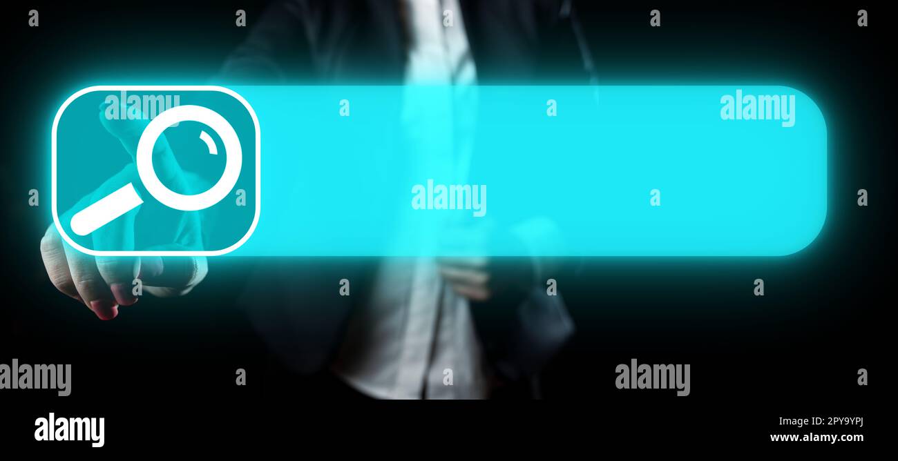 Lady In Suit Standing Pointing On virtual button. Showing Futuristic ...