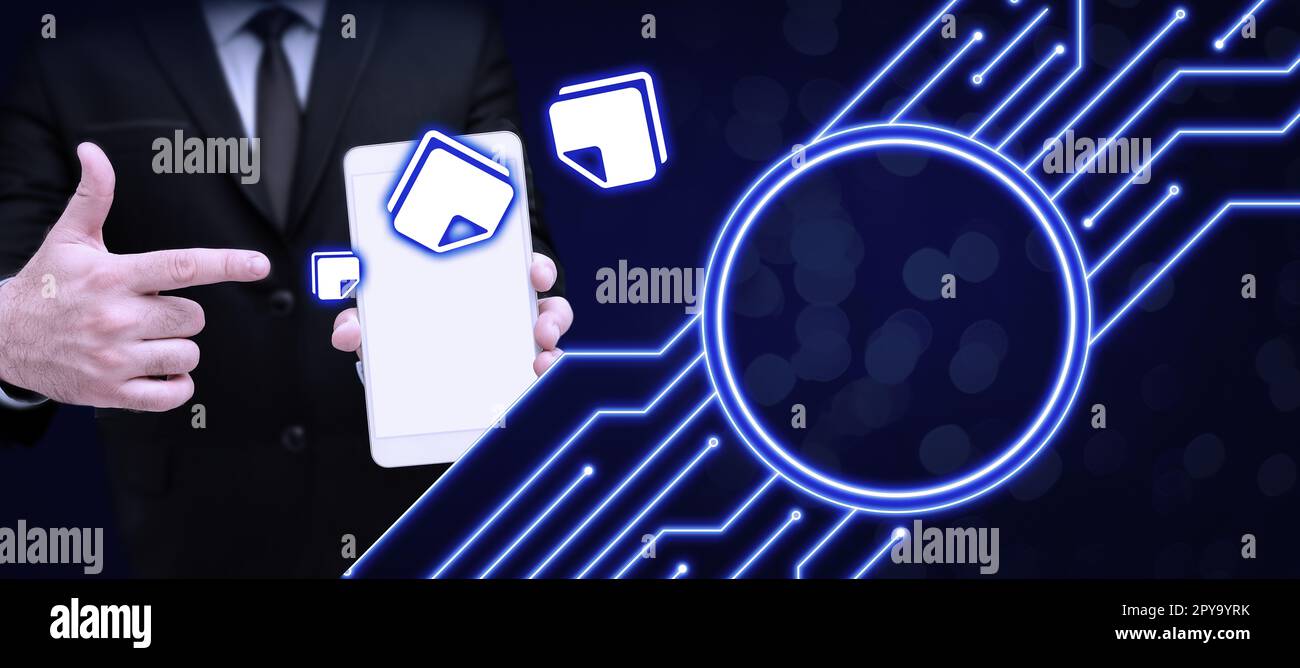 Man holding Mobile Phone Pointing to Screen Showing The Futuristic ...