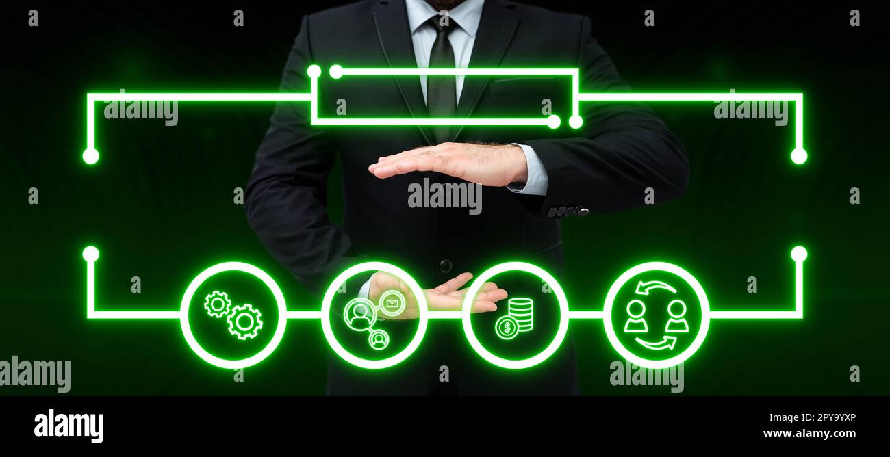 Businessman in office suit holding futuristic frame with glow in his ...