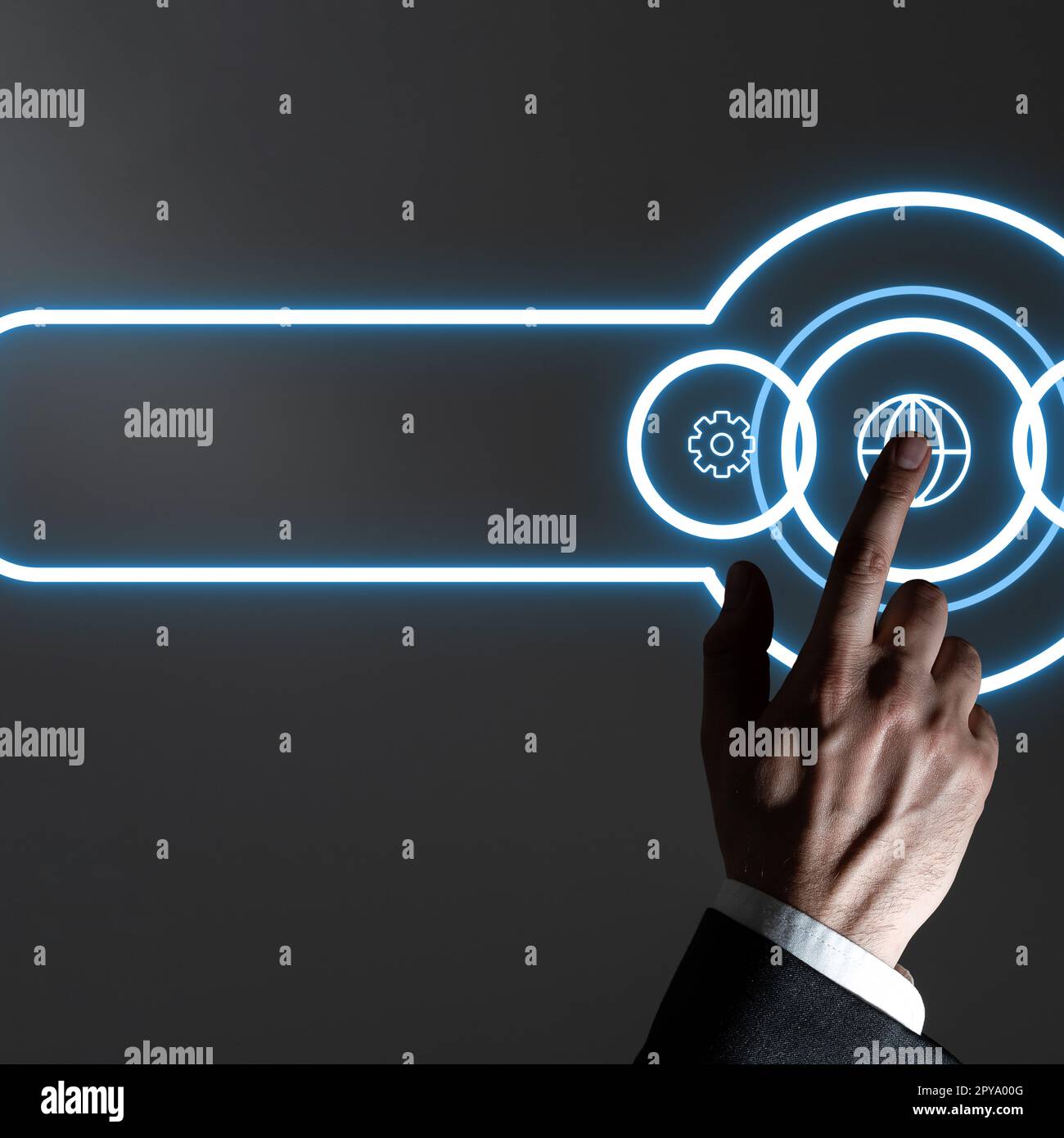 Finger pressing virtual button. Futuristic style image with colored ...