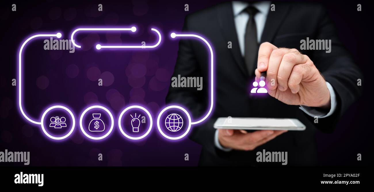 Businessman in office suit holding tablet and pen. Written virtual text ...