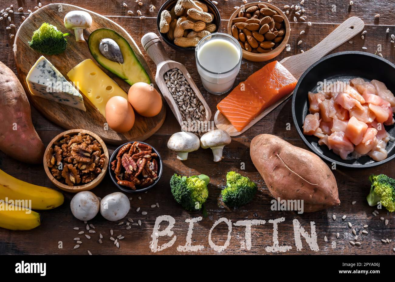 Composition with food products rich in biotin Stock Photo - Alamy