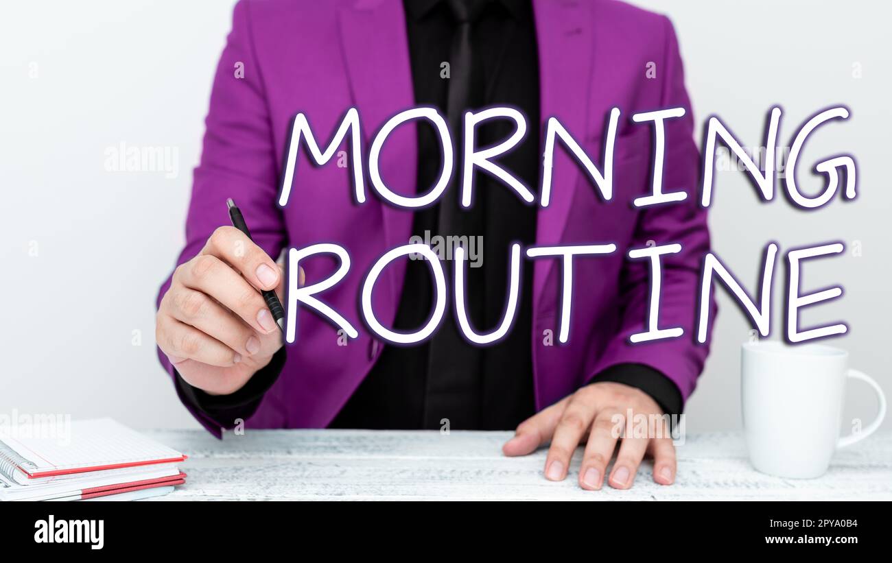 Writing displaying text Morning Routine. Word for initiation of ...