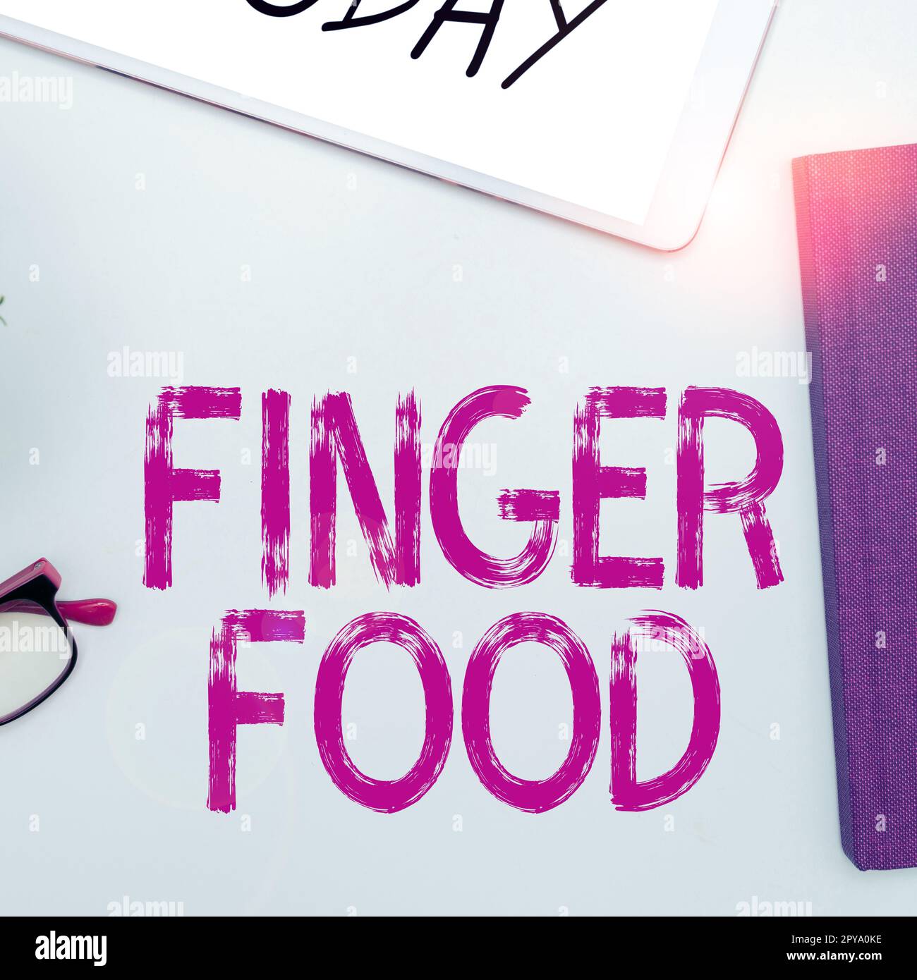 Hand writing sign Finger Food. Word Written on products and digestives ...