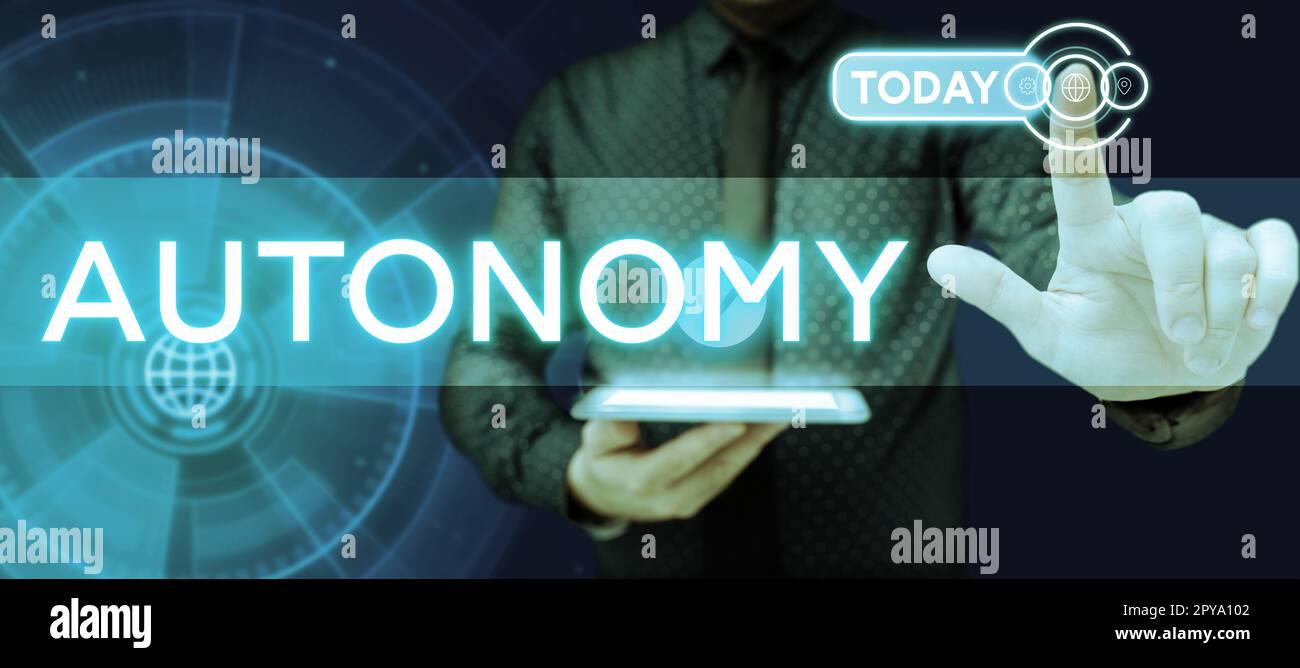 Writing displaying text Autonomy. Business approach vehicle that can guide itself without human ...