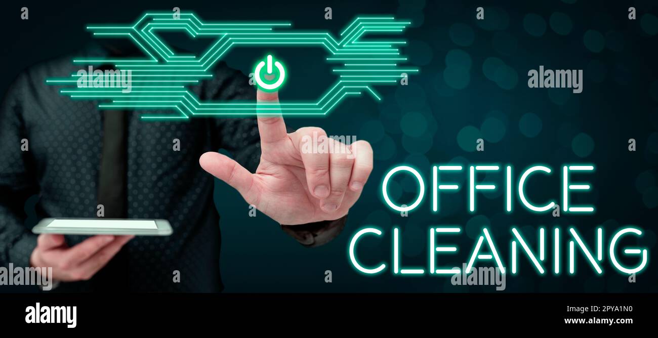 Hand writing sign Office Cleaning. Business approach the action or ...