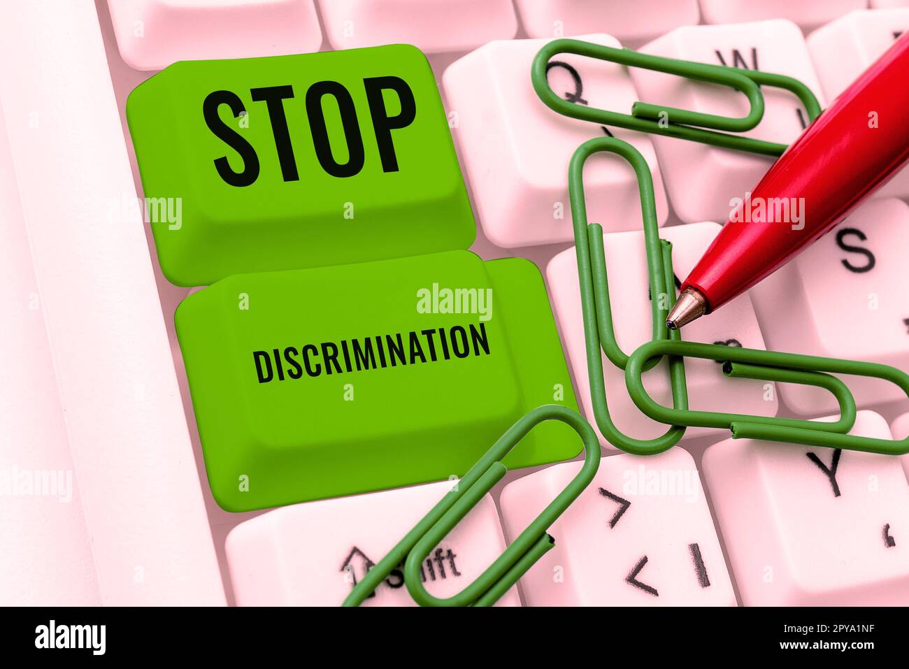 Hand writing sign Stop Discrimination. Conceptual photo Prevent Illegal ...