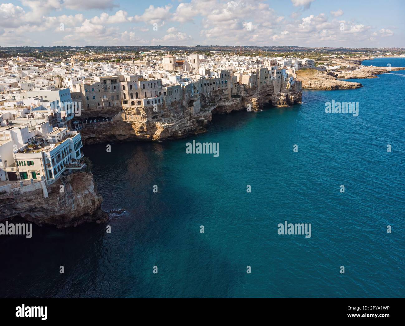 Aerial view of Polignano a Mare, a village built on the edge of the ...