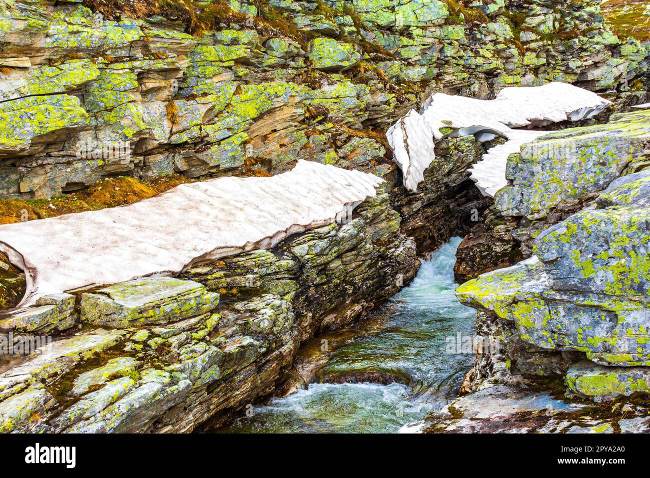Gorge rocks cliff and waterfall river Rondane National Park Norway ...