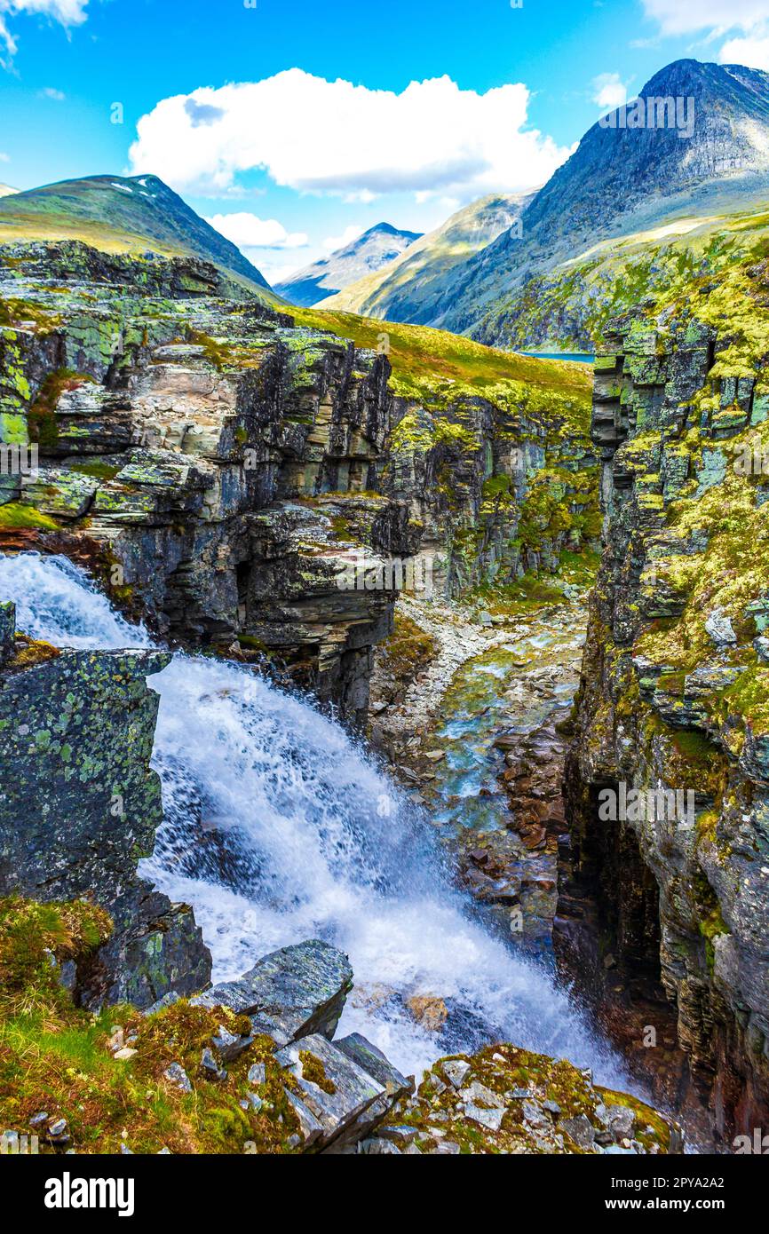 Gorge rocks cliff and waterfall river Rondane National Park Norway ...