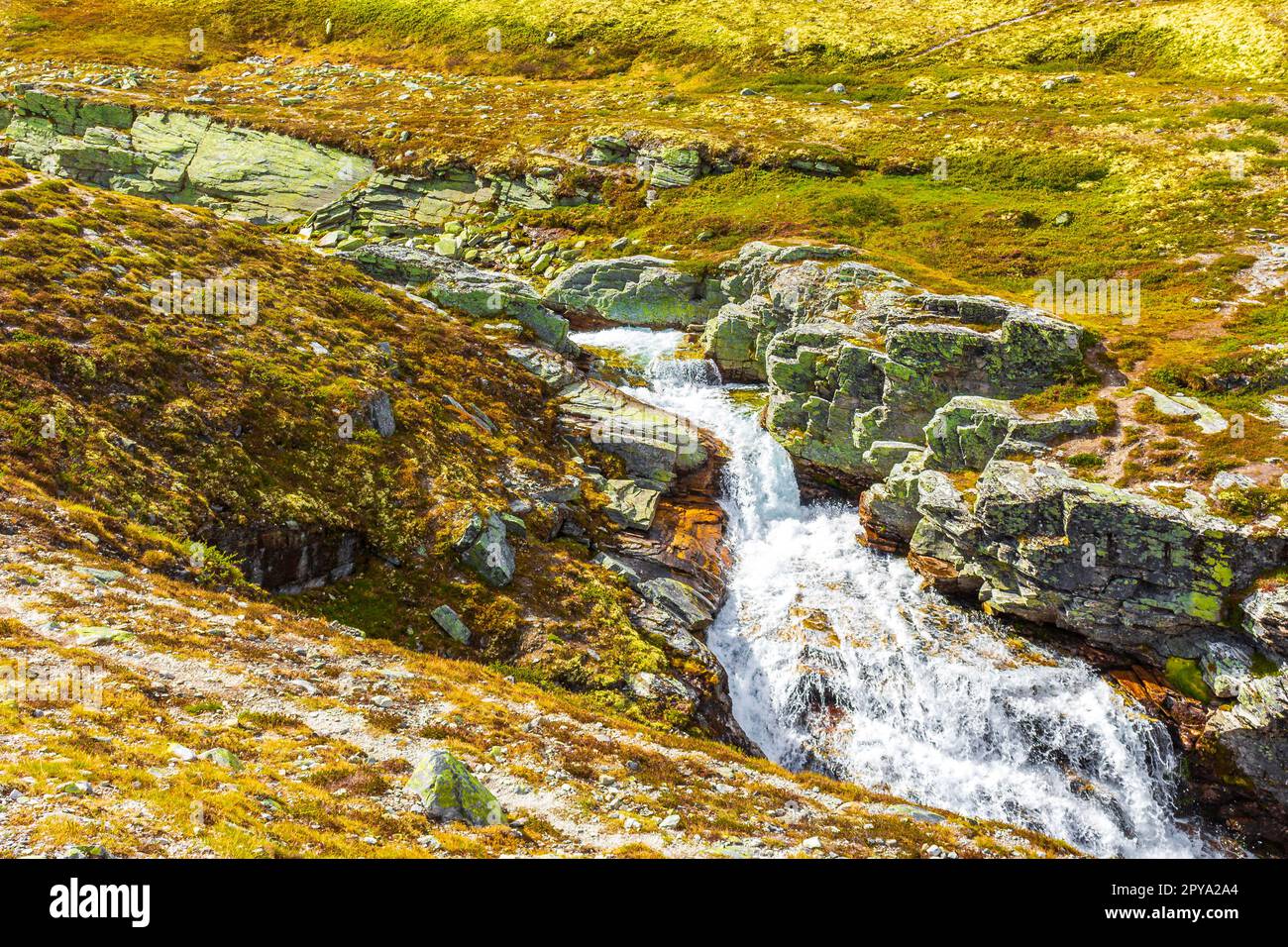 Gorge rocks cliff and waterfall river Rondane National Park Norway ...