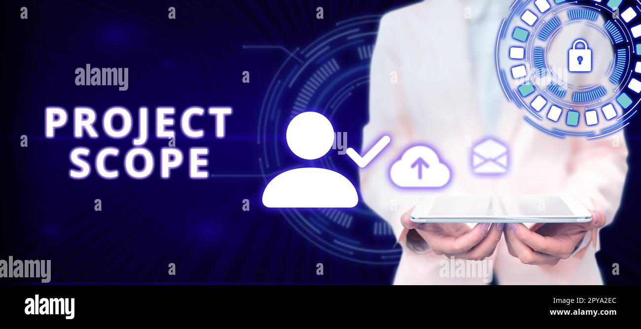 Hand writing sign Project Scope. Business showcase evaluation of work ...