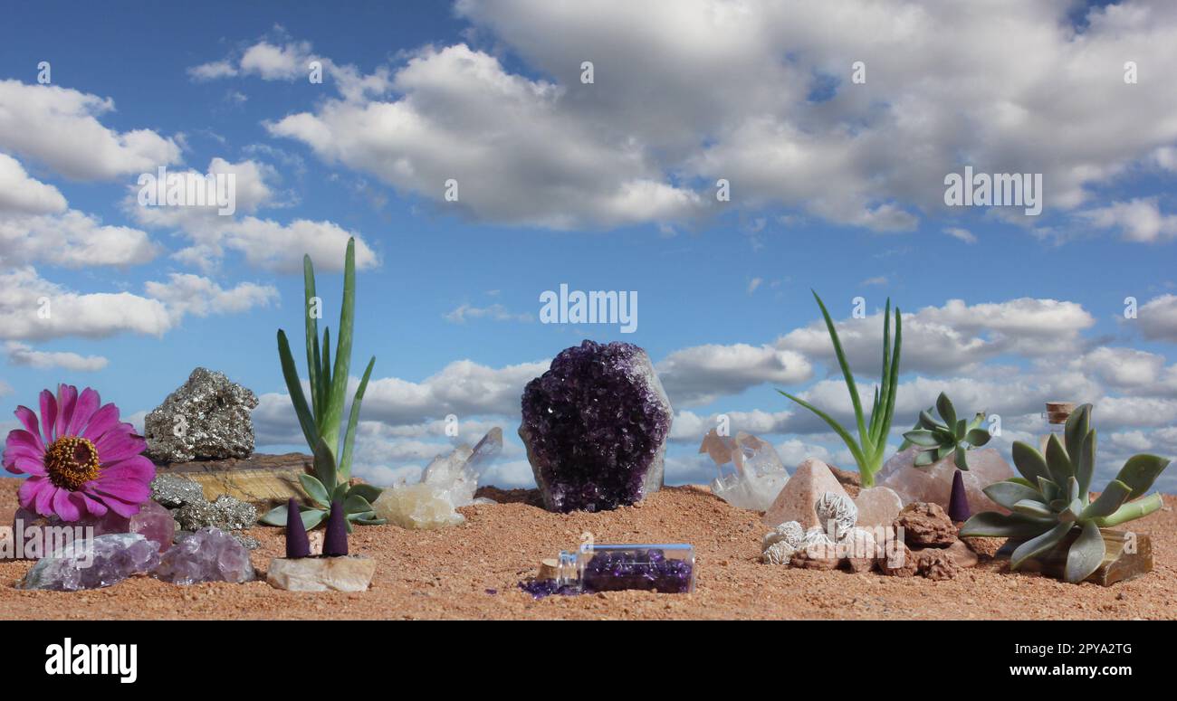 Chakra Stones and Flowers on Australian Red Sand Stock Photo - Alamy