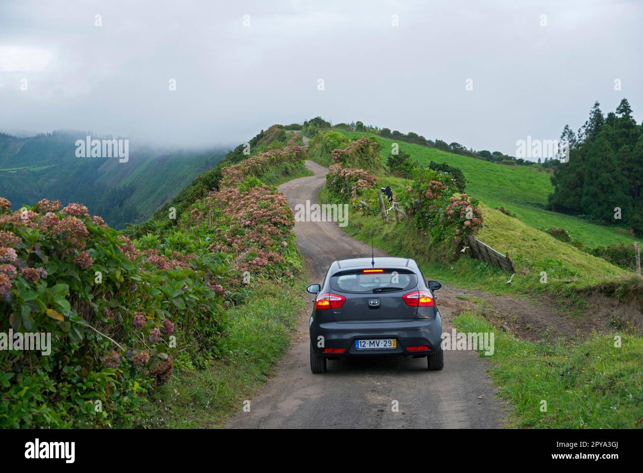 Car on the edge of the crater (Caldeira) das Sete Cidades, Sao Miguel ...