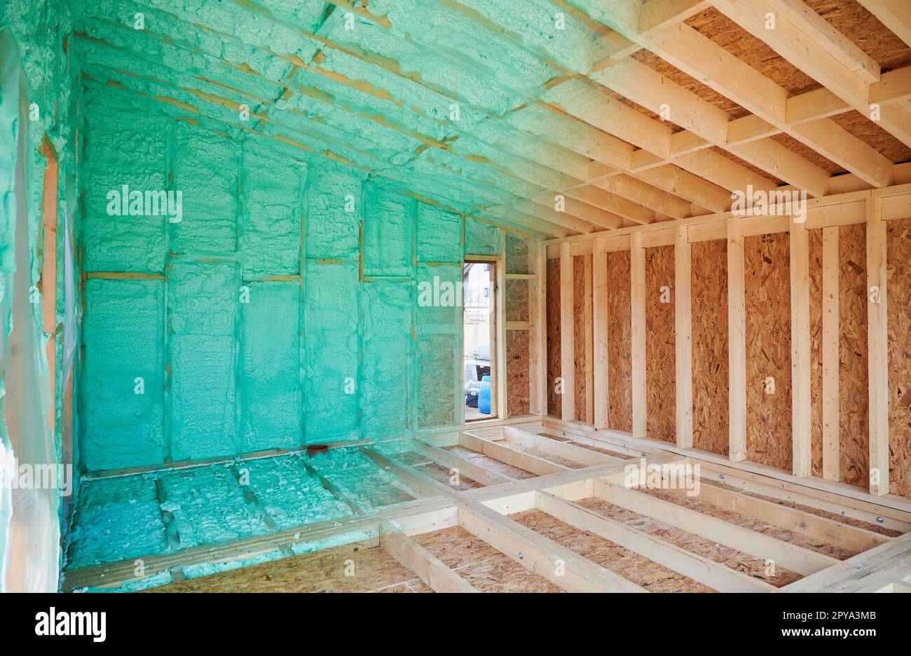 Photo collage before and after thermal insulation room in wooden frame ...