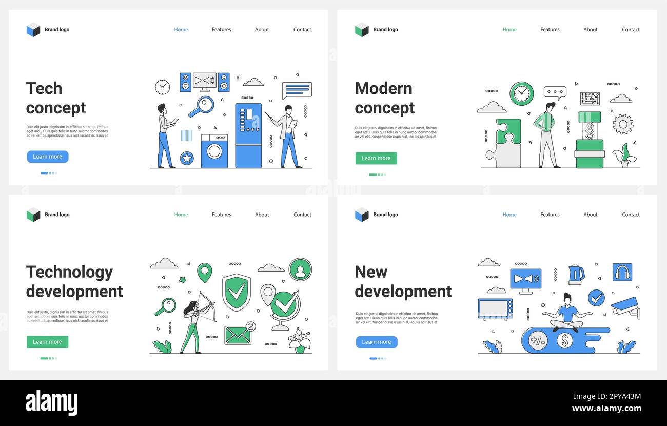 Development of new modern technology set vector illustration. Cartoon tiny people use tech ...